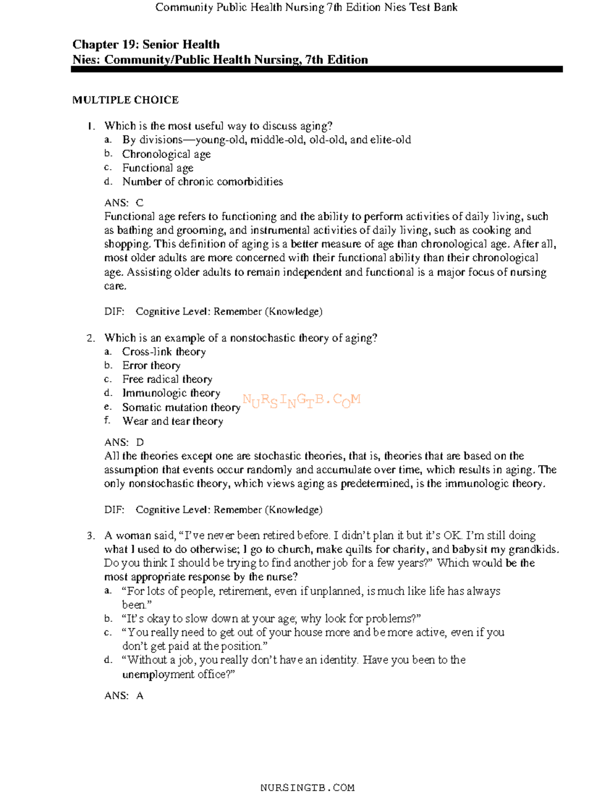 19 - Practice material - NURSINGTB Chapter 19: Senior Health Nies ...