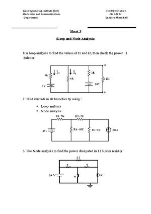 Sheet DC circuit part(3) - Giza Engineering Institute (GEI) Electric Circuits 1 Electronics and ...
