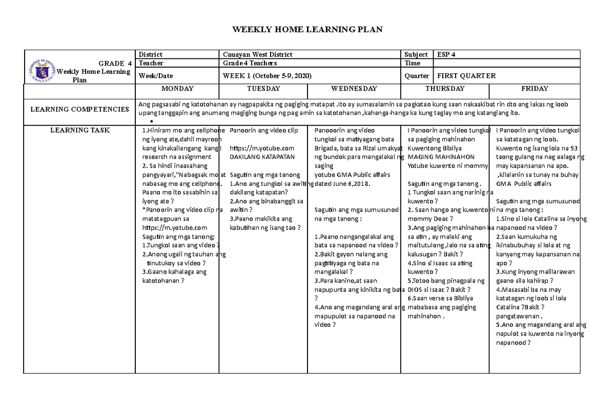 G4 QI Wk I Weekly Home Plan ESP - WEEKLY HOME LEARNING PLAN GRADE 4 ...