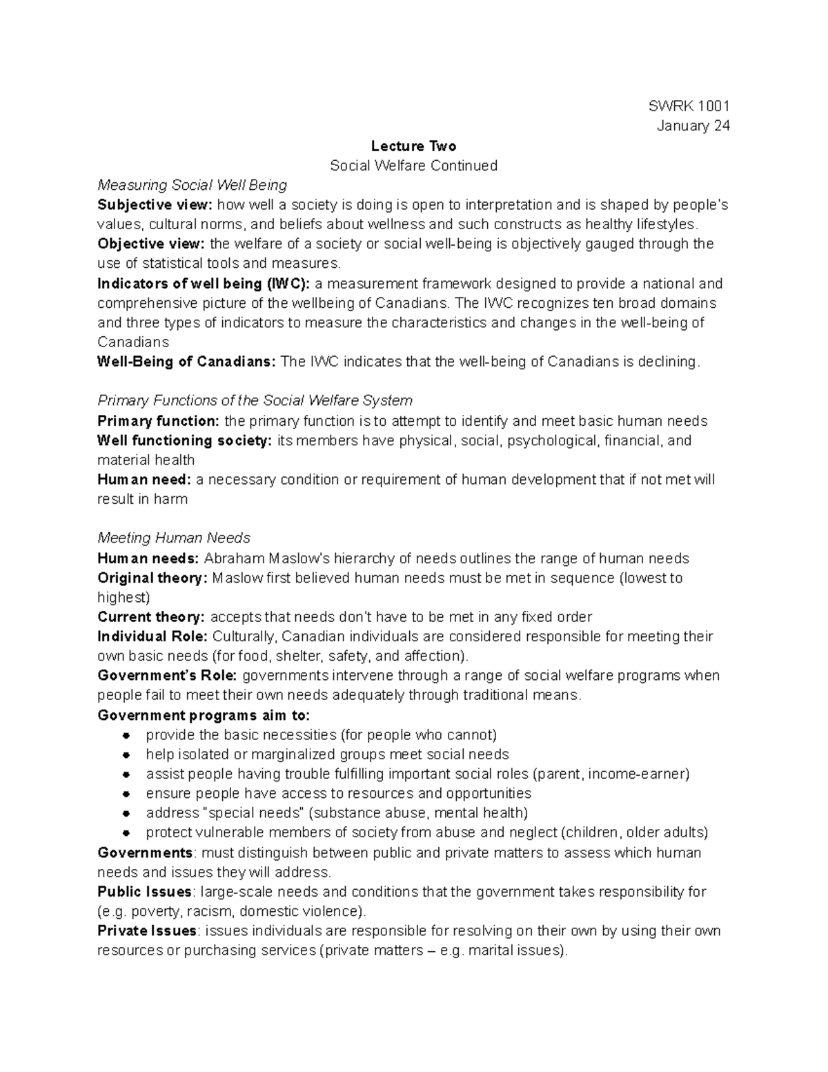 SWRK Lecture notes 2 - SWRK 1001 January 24 Lecture Two Social Welfare ...