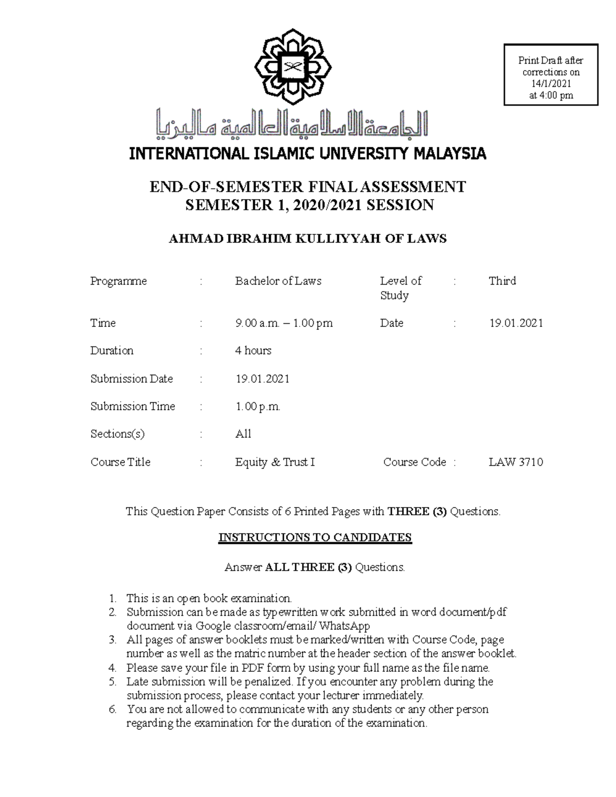 PYQ 2 - pyq - INTERNATIONAL ISLAMIC UNIVERSITY MALAYSIA END-OF-SEMESTER ...