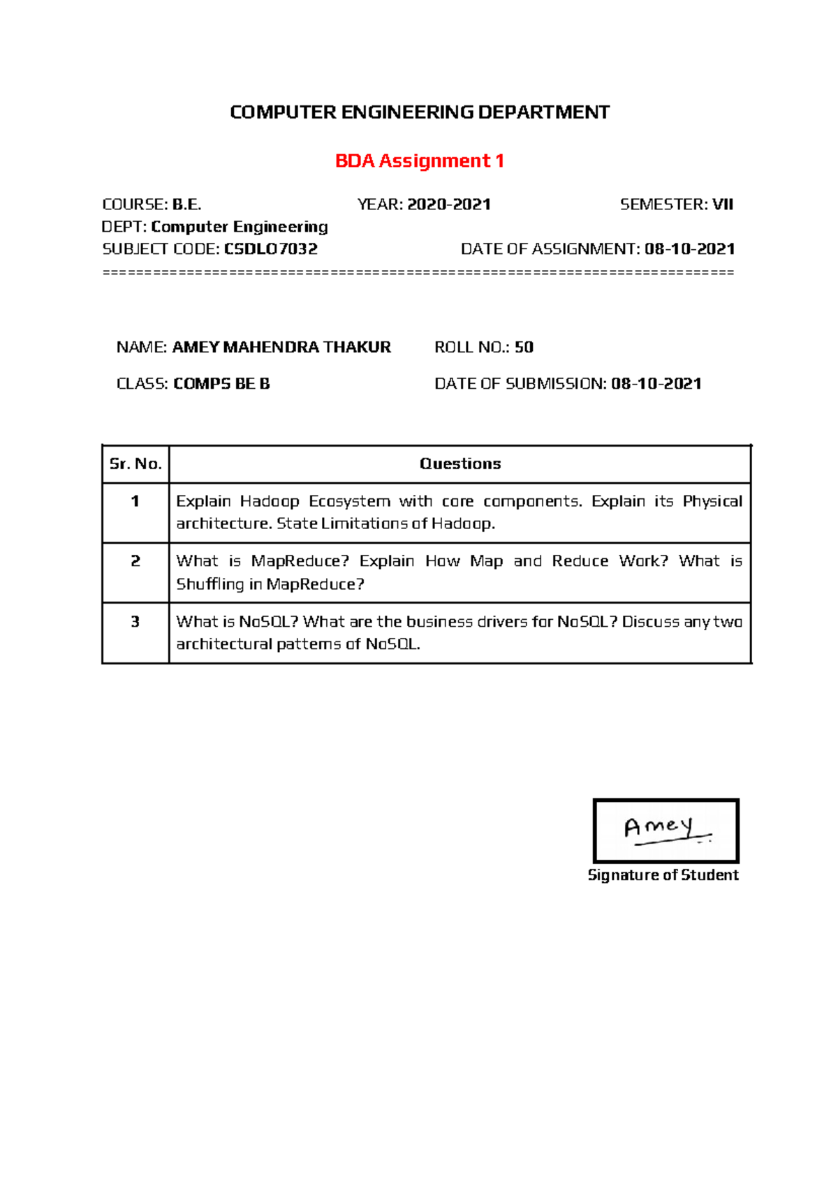 AMEY B-50 BDA Assignment-1 - COMPUTER ENGINEERING DEPARTMENT BDA Assignment 1 COURSE: B. YEAR ...