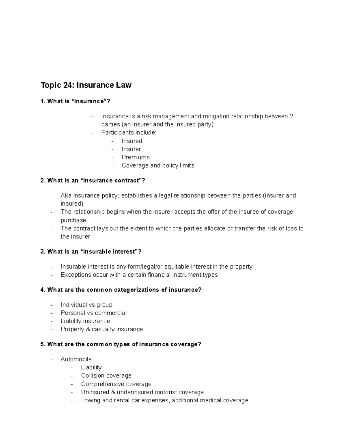 Business Law Topic 24 Outline Insurance Law - Topic 24: Insurance Law 1 ...