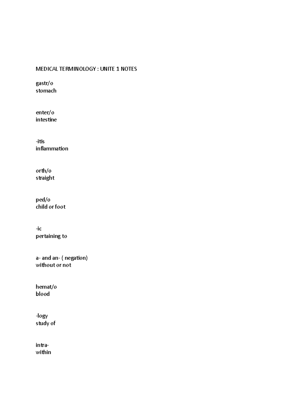 Medical Terminology - MEDICAL TERMINOLOGY : UNITE 1 NOTES gastr ...