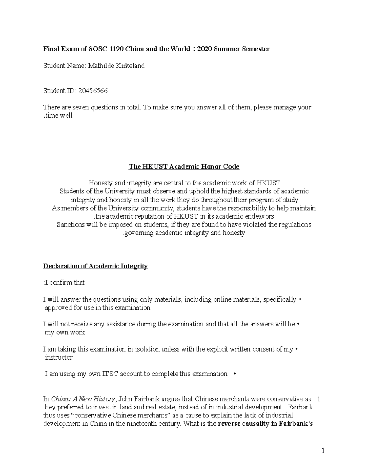 SOSC 1190 China and the World：2020 Summer Semester - Final Exam of SOSC ...