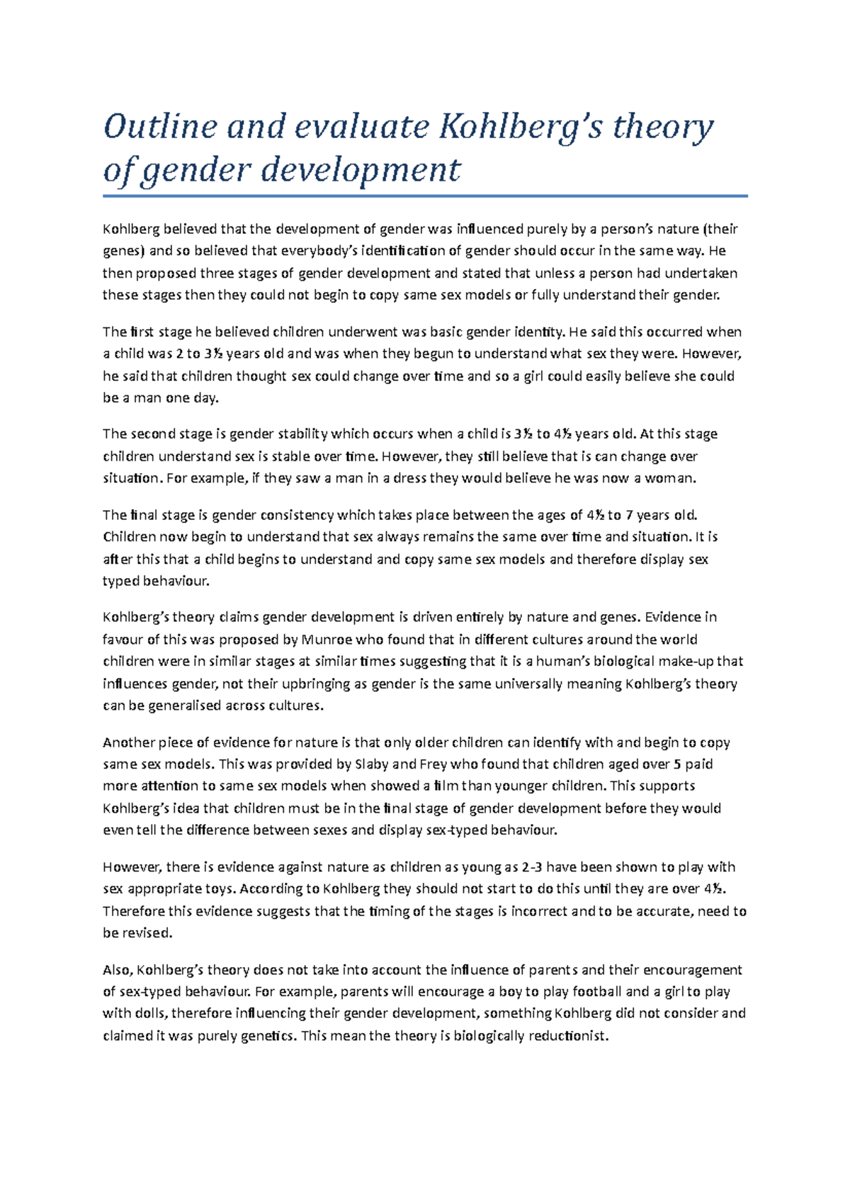 Outline and evaluate Kohlbergs theory of gender development - Outline and evaluate Kohlberg’s ...