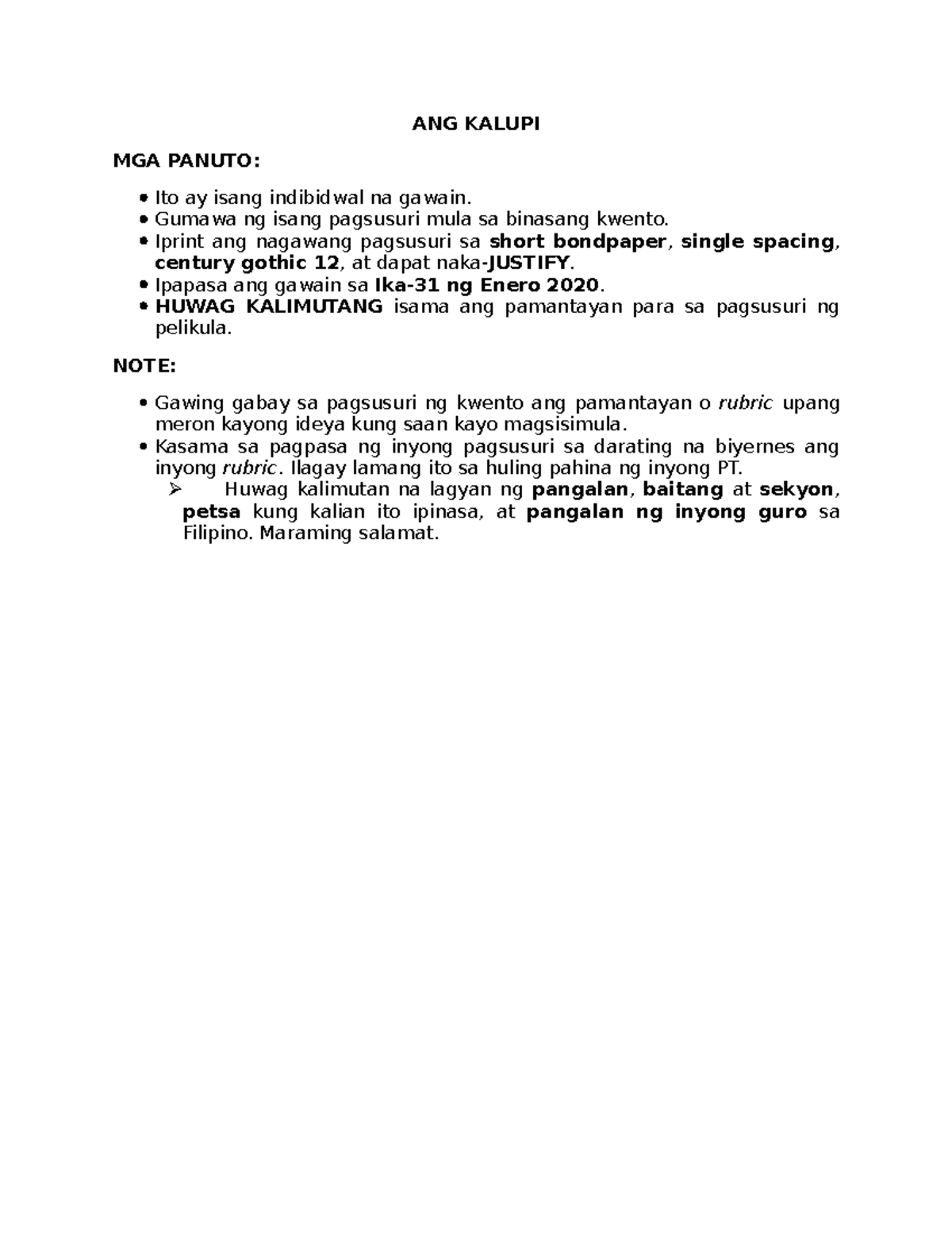 ANG- Kalupi lecture notes - ANG KALUPI MGA PANUTO: Ito ay isang ...
