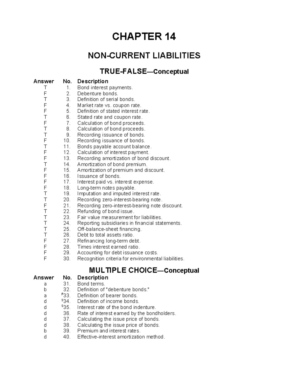 Test Bank Ch14 book - CHAPTER 14 NON-CURRENT LIABILITIES TRUE-FALSE ...