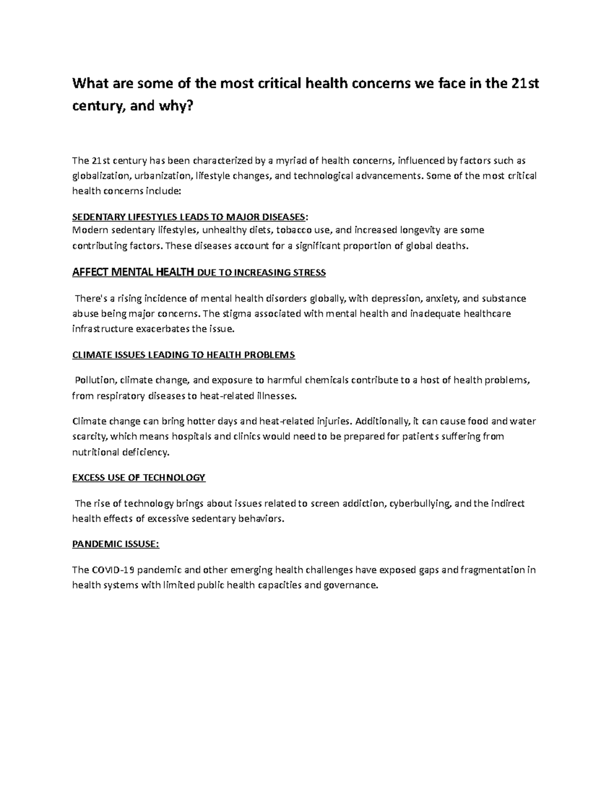 DOC - What are some of the most critical health concerns we face in the ...