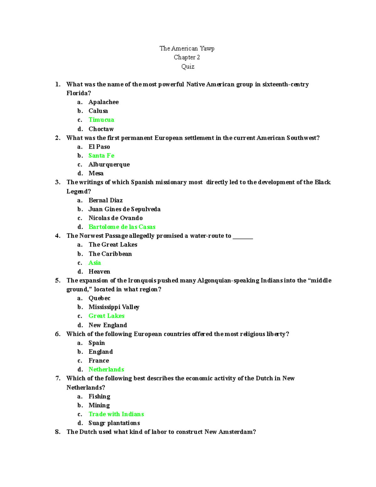 The American Yawp Chap Practice Quiz The American Yawp Chapter 2