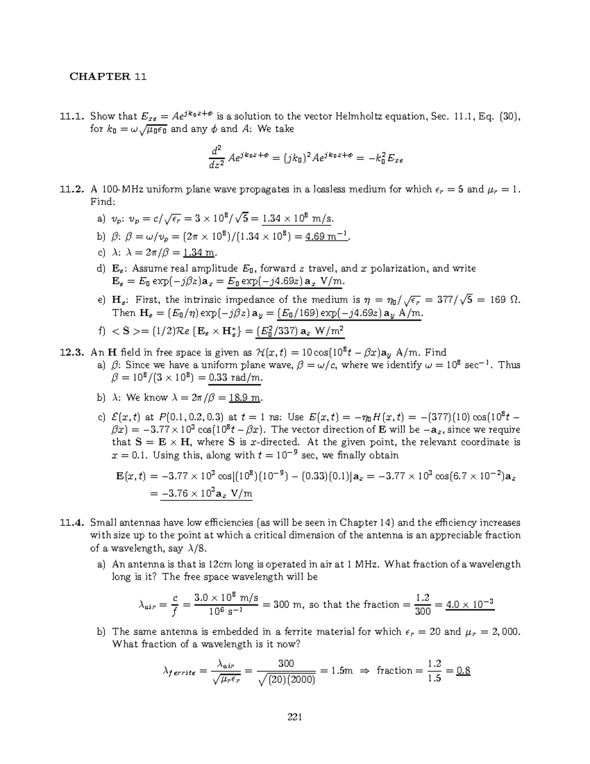 Chapter 11 solution manual engineering electromagnetics - CHAPTER 11 Show that Exs = Aejk 0 z+φ ...
