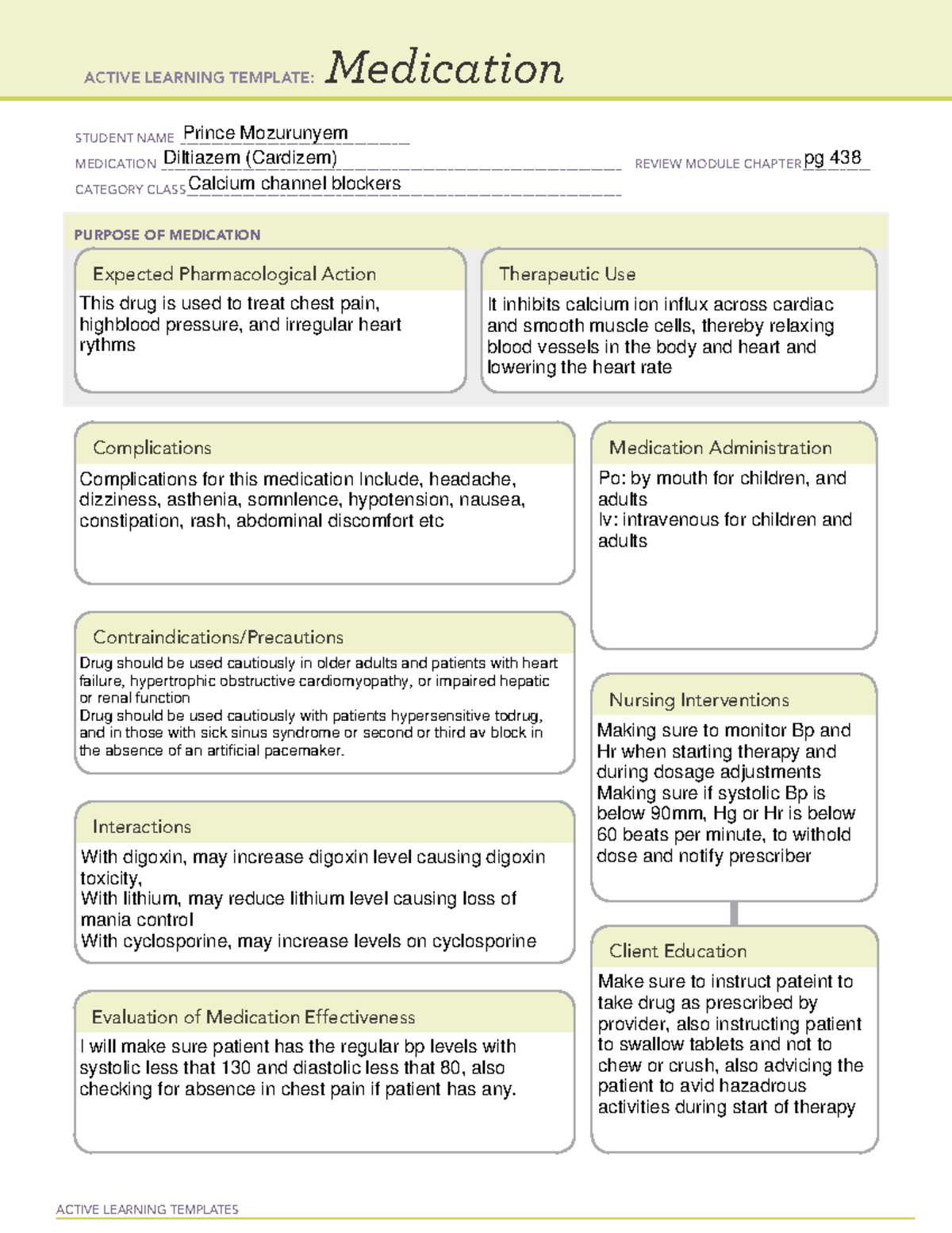 Cardizem - none - ACTIVE LEARNING TEMPLATES Medication STUDENT NAME ...