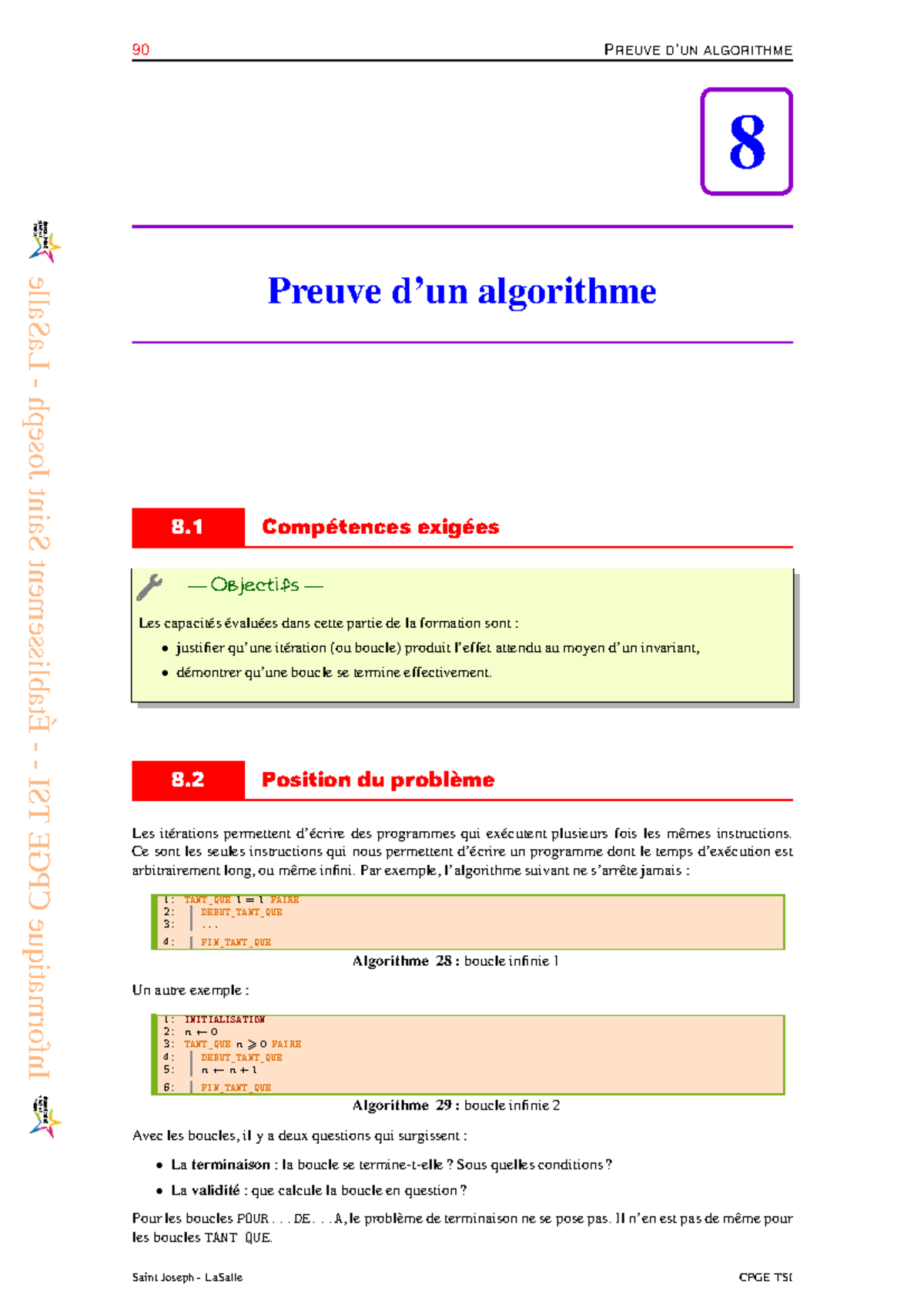 Preuve d un algorithme - Informatique CPGE TSI - Établissement Saint Joseph - LaSalle 90 PREUVE ...