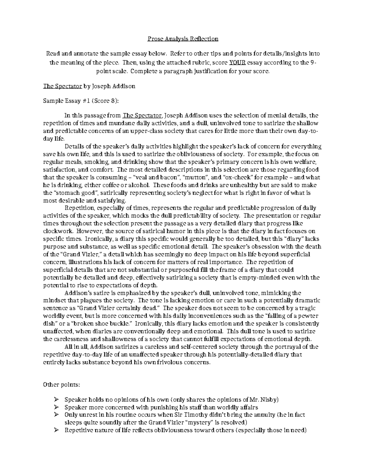 The Spectator Prose Analysis Reflection - Prose Analysis Reflection ...