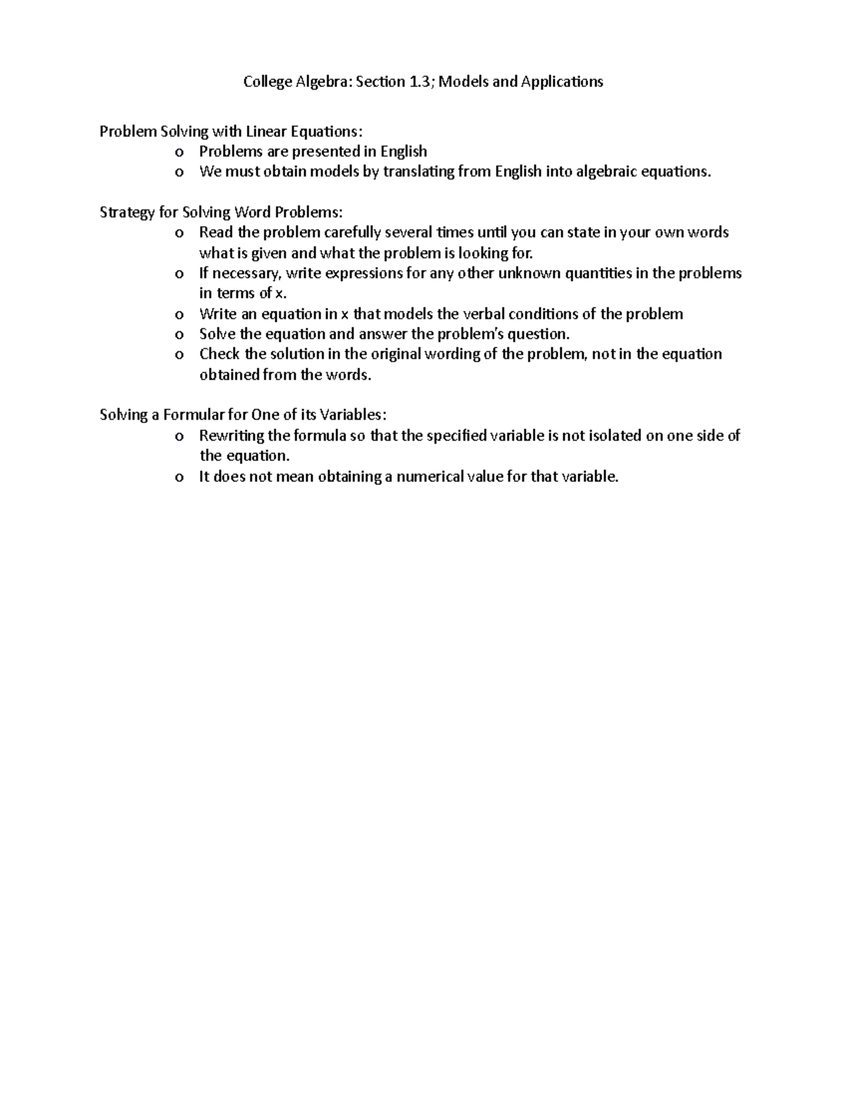 Section 1.3 Notes - College Algebra: Section 1; Models and Applications ...