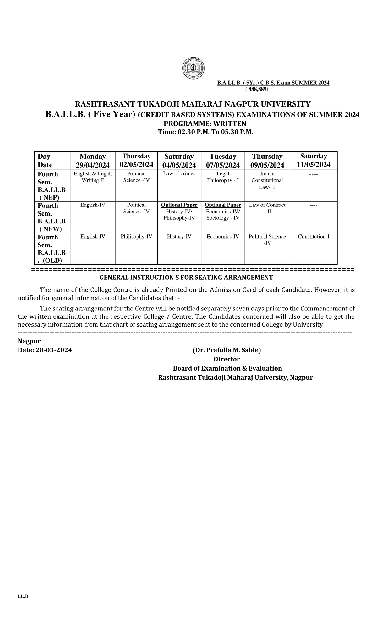 Ballb 4 - Jvv - LL. B.A.LL. ( 5Yr.) C.B. Exam SUMMER 2024 ( 888,889 ...