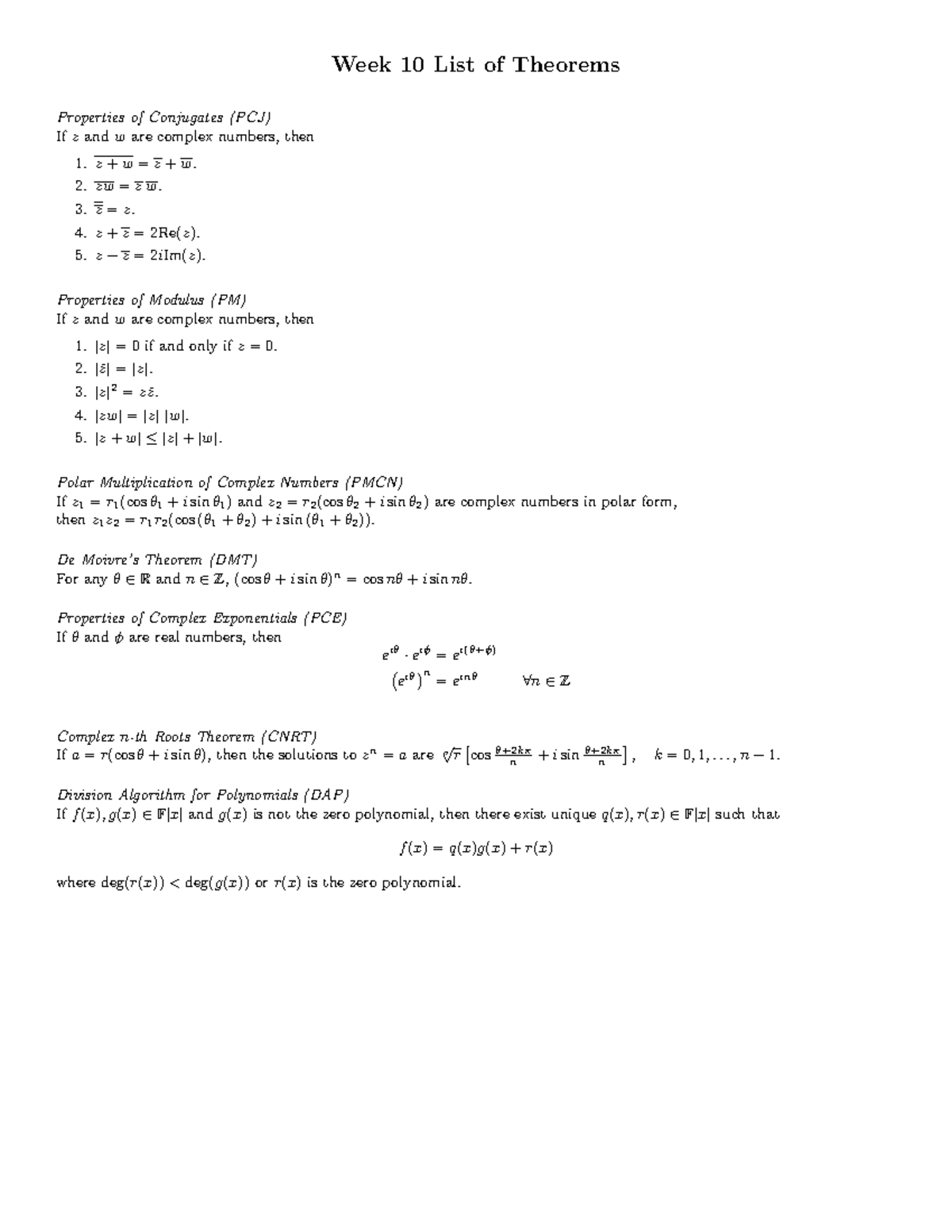 Week10Theorem Sheet - theorem formulas - Week 10 List of Theorems ...