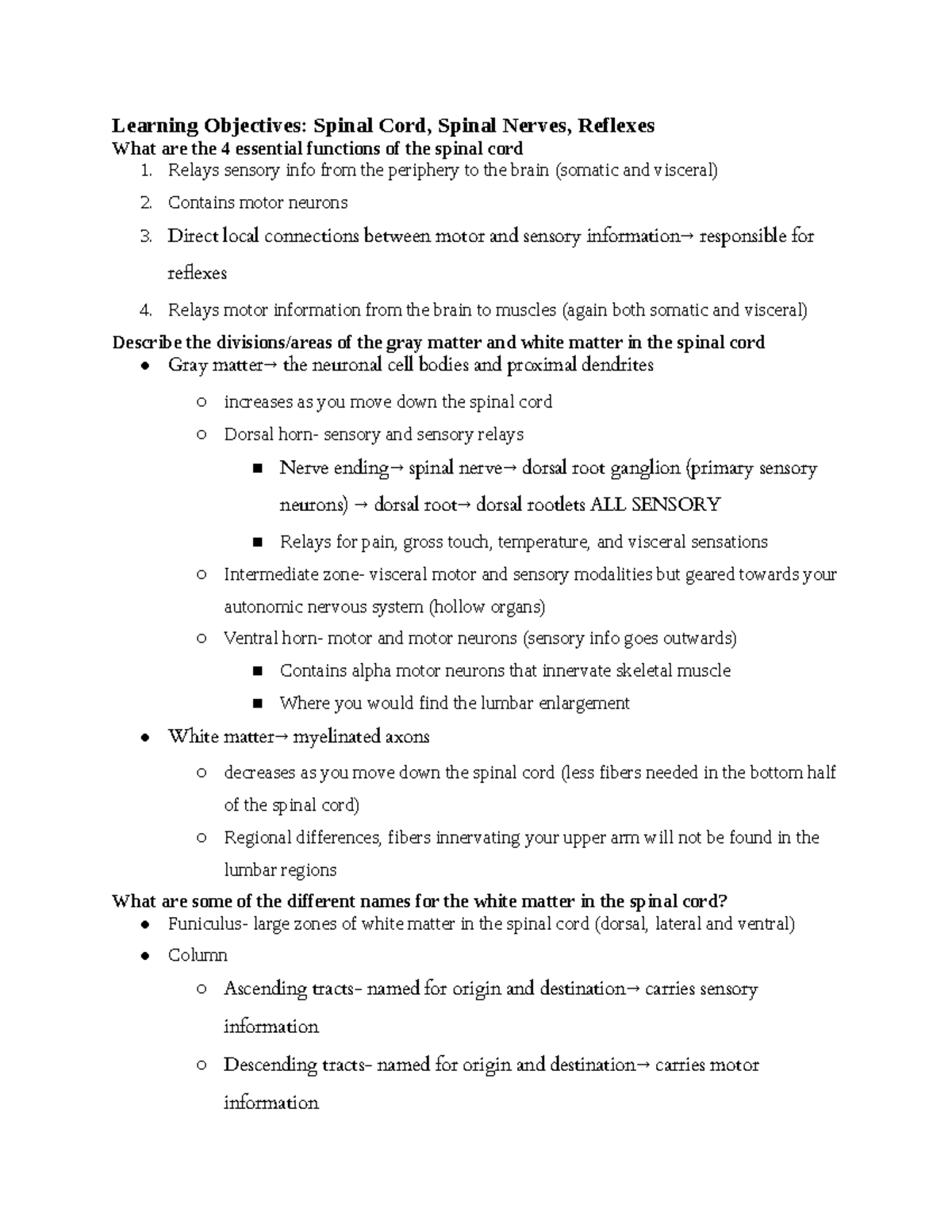 Anatomy 303 Spinal Cord, Spinal Nerves, Reflexes - Learning Objectives ...