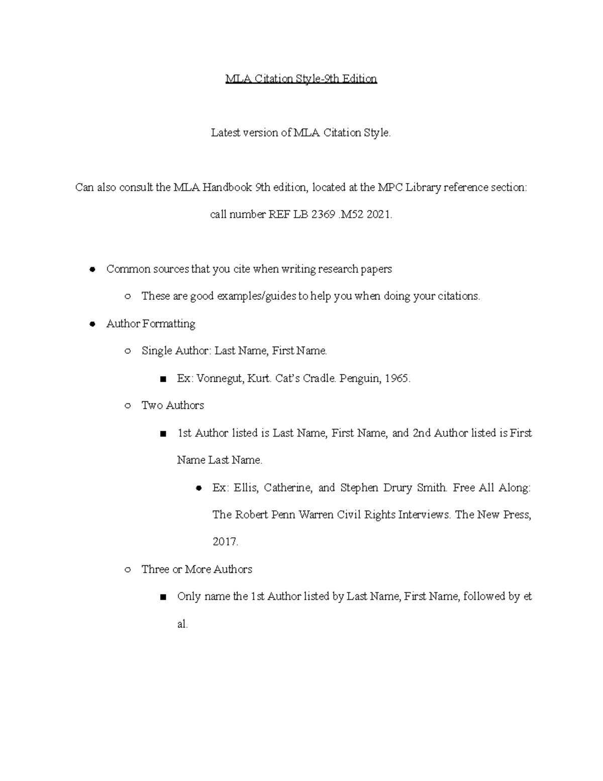 9th Edition MLA Works Cited for Introduction to Library and Research ...