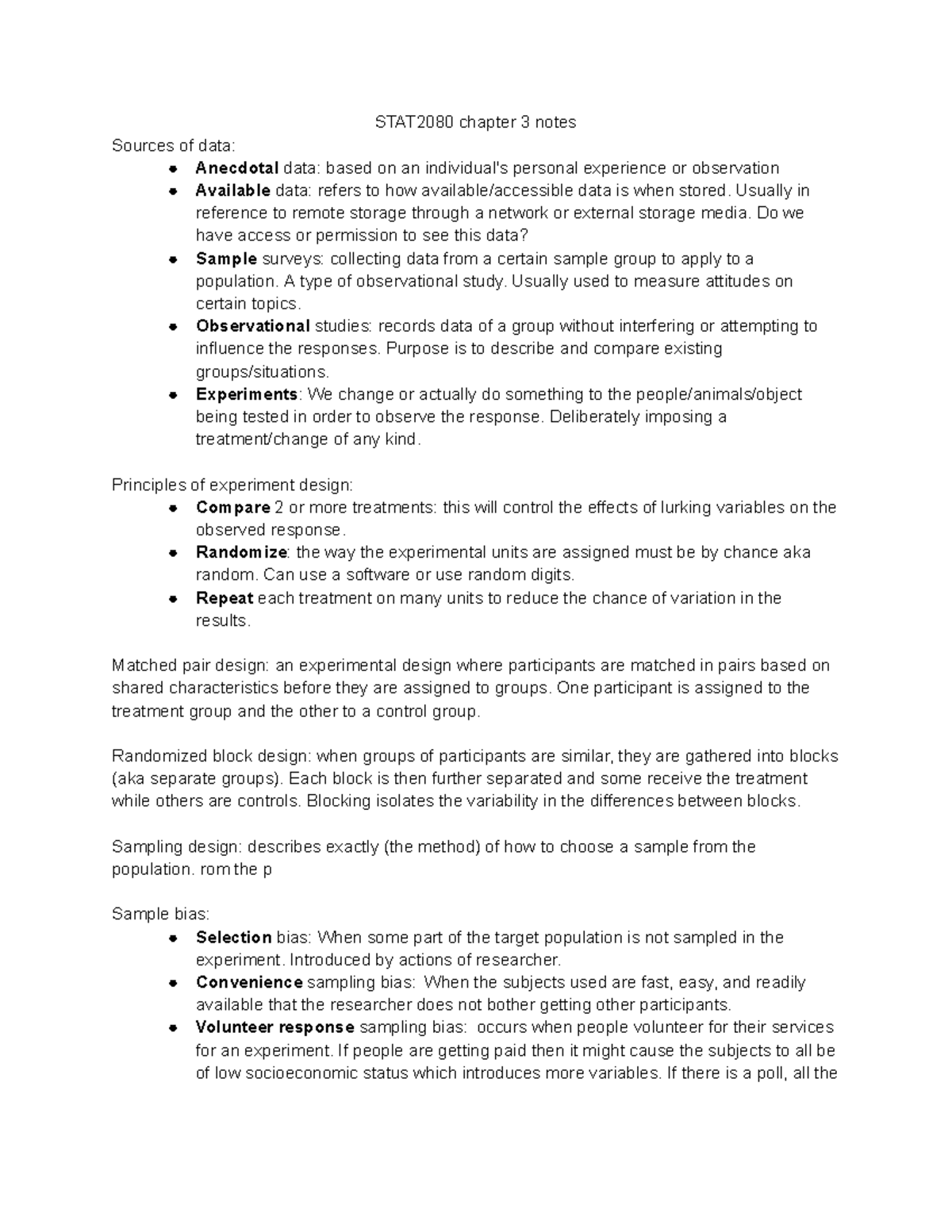 Stat Chapter 3 Notes Summary Introduction To Statistics Stat2080 Chapter 3 Notes Sources Of