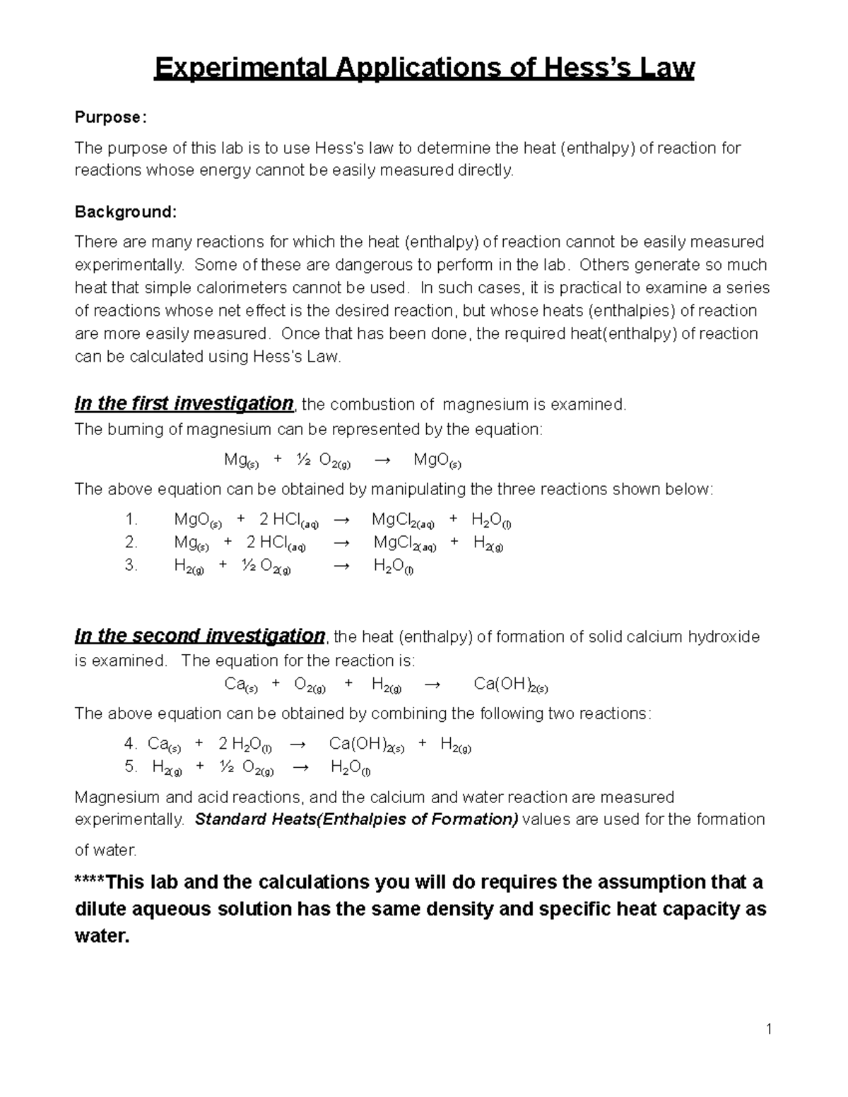 Lab Hess's Law Explorations - Experimental Applications of Hess’s Law ...