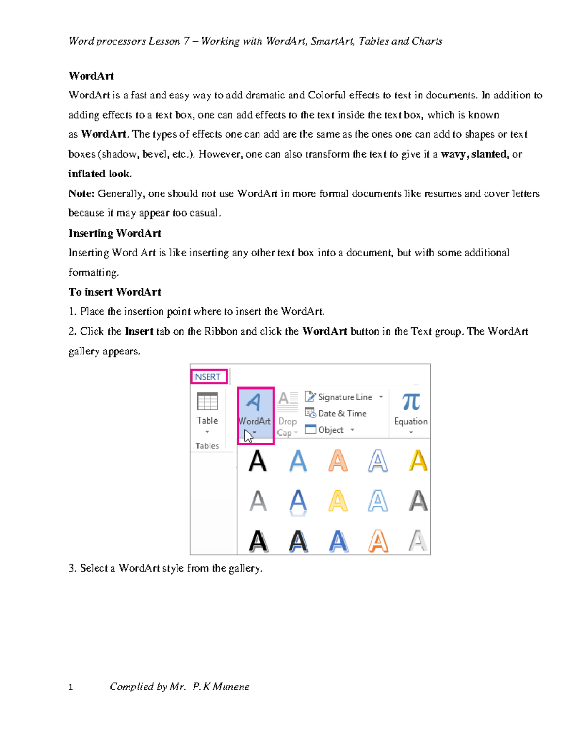 Wordprocessors Lesson 8 -Working with Word Art, Smart Art, Tables and ...