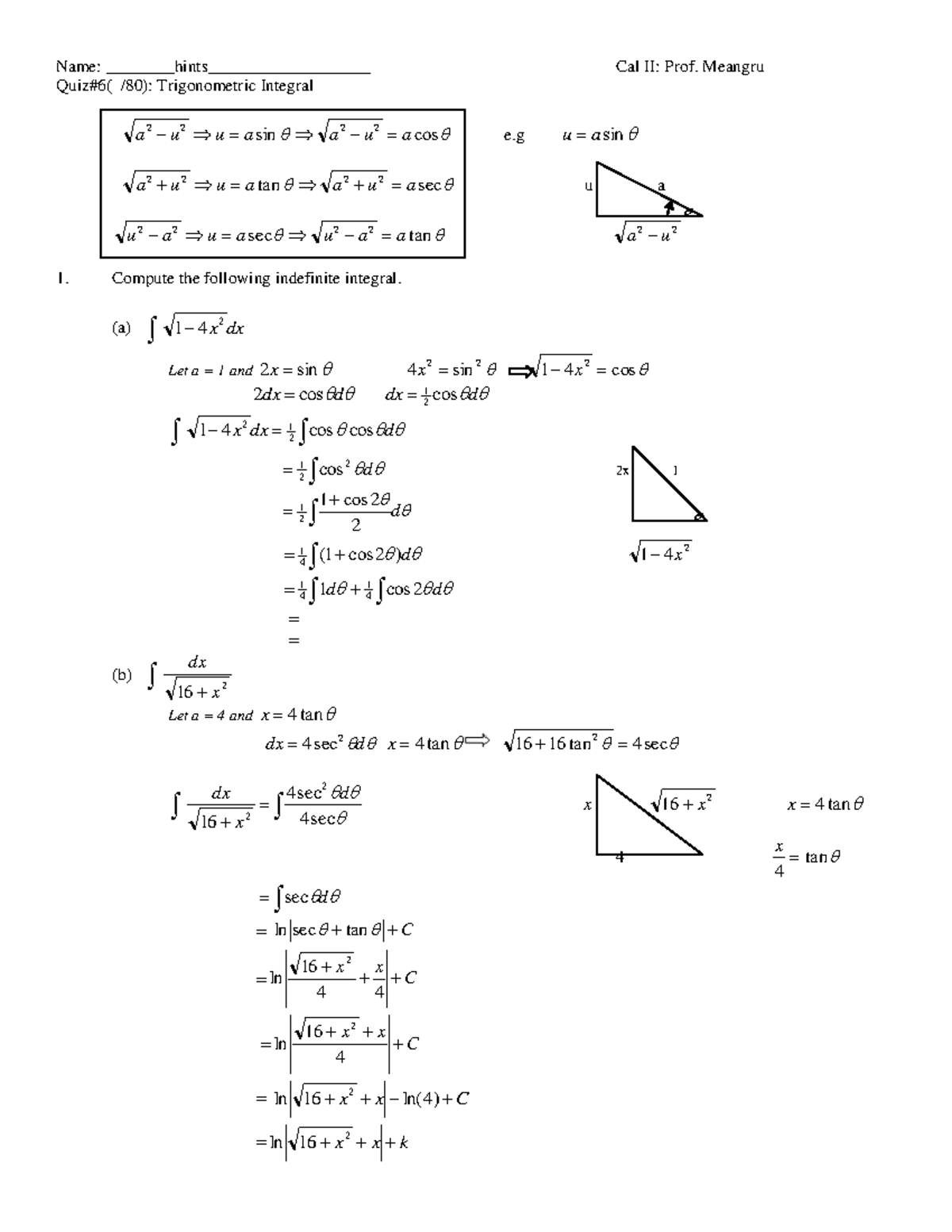 Quiz#6H Trigonometric substitutionl SP II 2016 - Name: hints ...