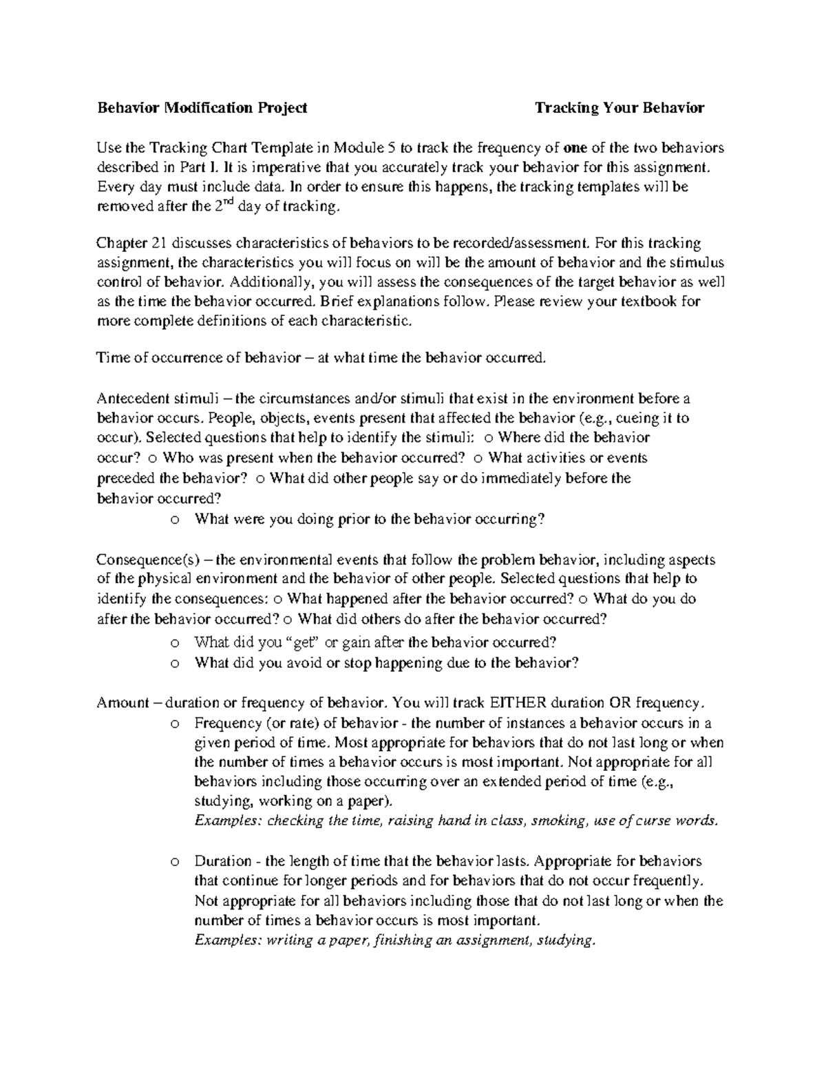 Behavior Modification Tracking Behavior Assignment - Behavior ...