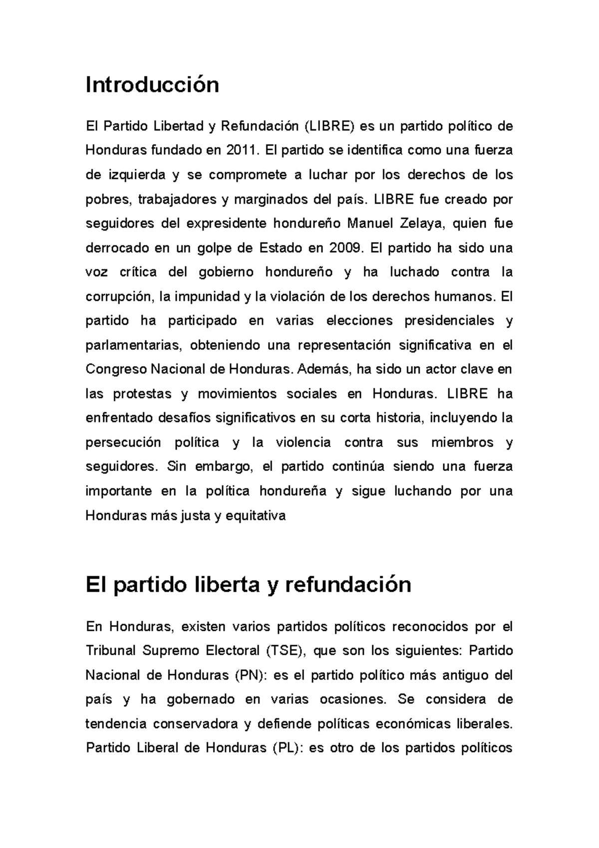 Patido libre - Introducción El Partido Libertad y Refundación (LIBRE ...
