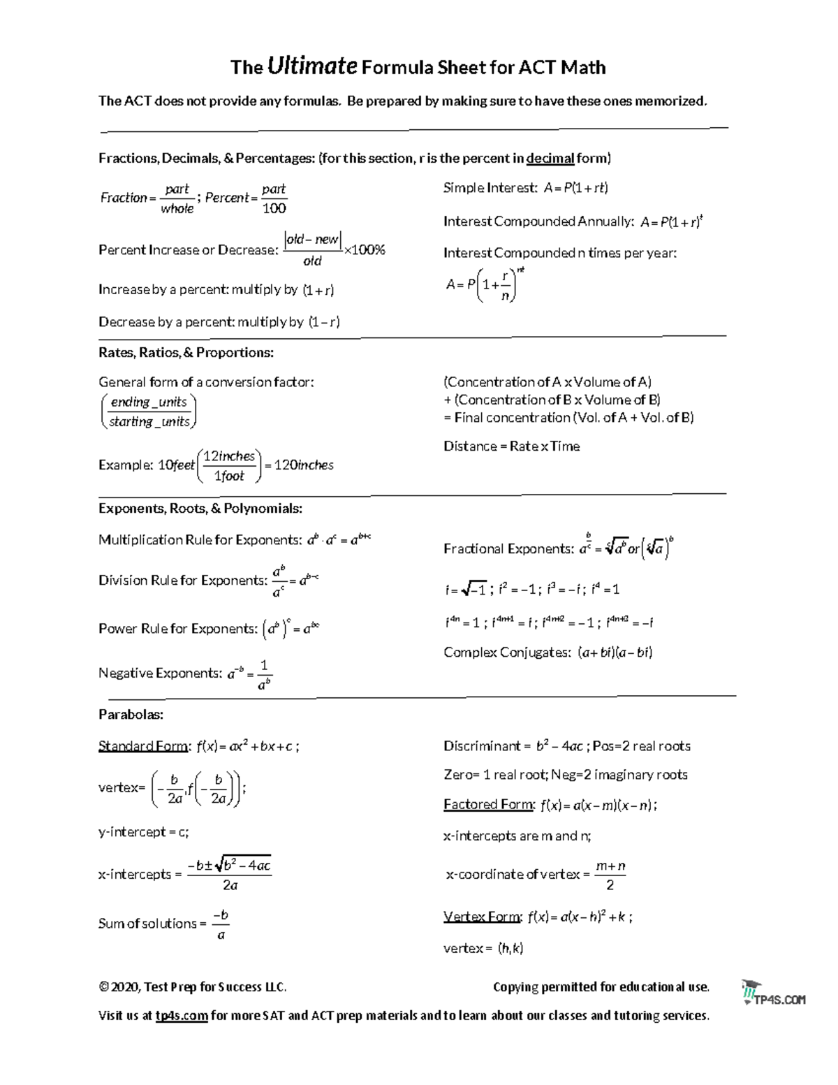 Formula Sheet for the ACT - ©2020, Test Prep for Success LLC. Copying ...