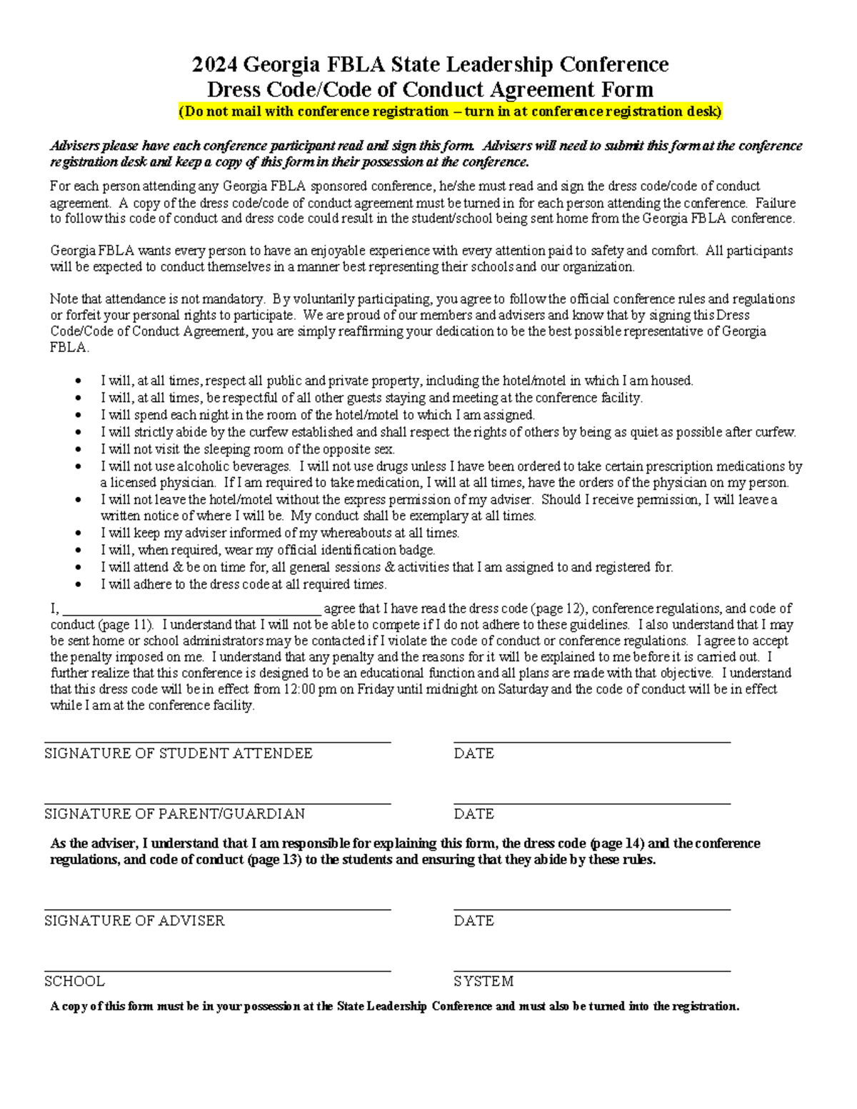 Codeof Conduct unsigned - 2024 Georgia FBLA State Leadership Conference ...