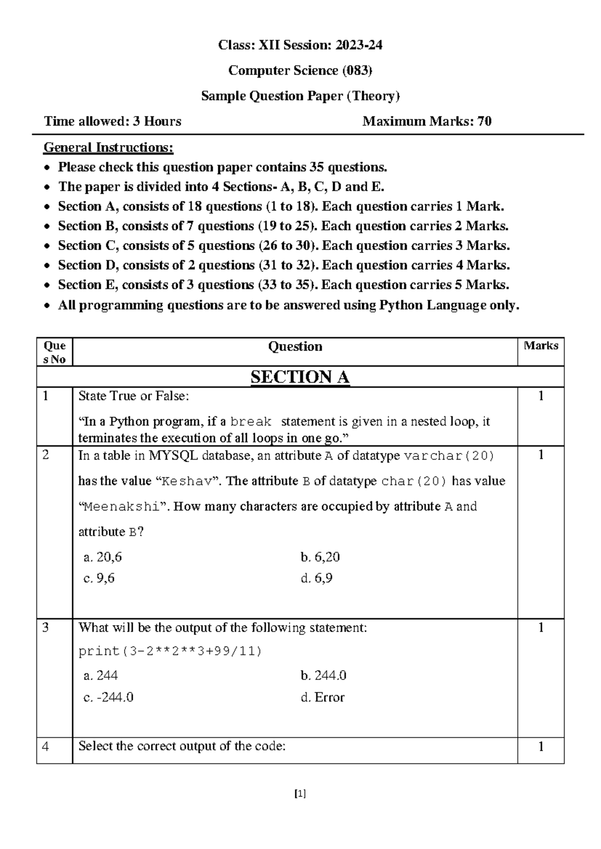 Computer Science Sqp Ybdhduud Class Xii Session 2023 Computer Science 083 Sample