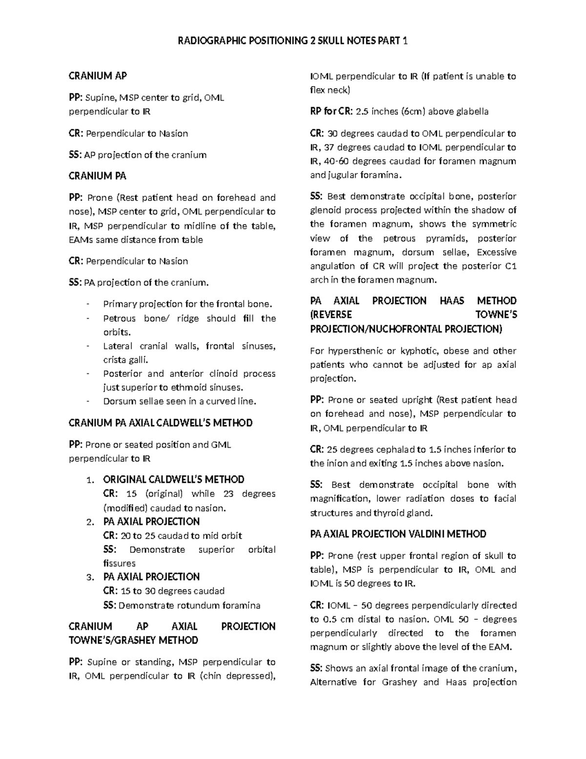 Radiographic Positioning Skull Notes for 2023-2024 Subject of RTE 021 ...