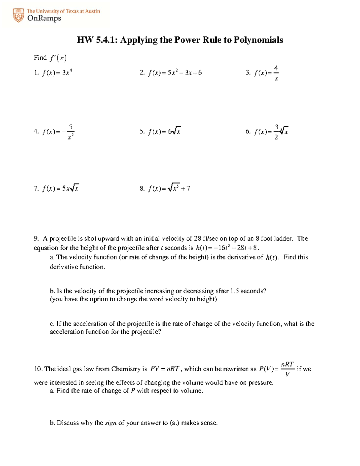 Hw 5 - Pre calculus - HW 5.4: Applying the Power Rule to Polynomials ...