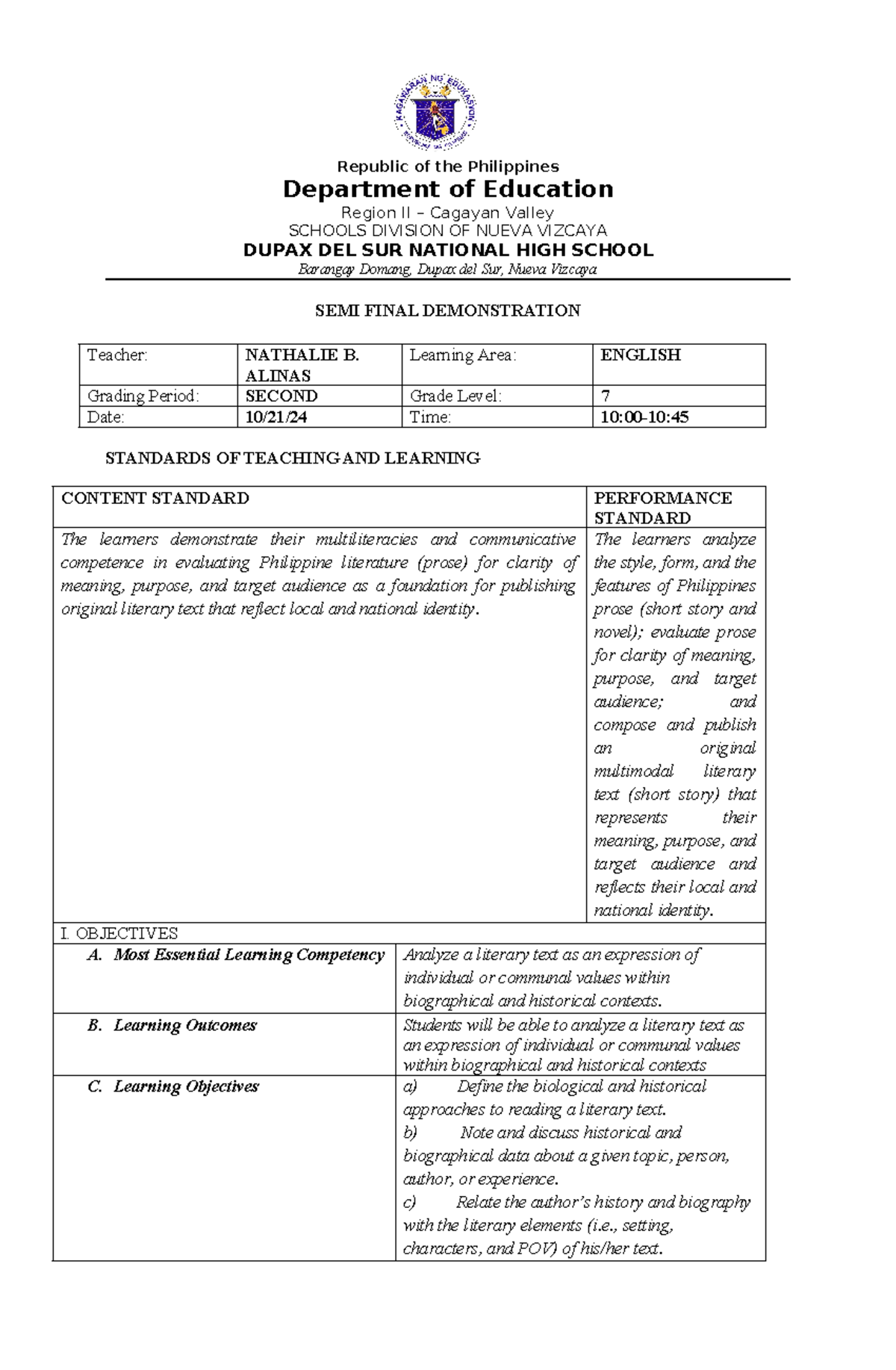 Grade 7 Lesson Plan - Republic of the Philippines Department of ...