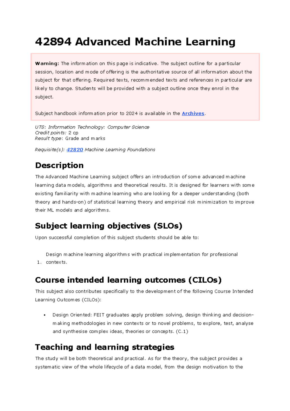 42894 Advanced Machine Learning - 42894 Advanced Machine Learning Warning: The information on ...