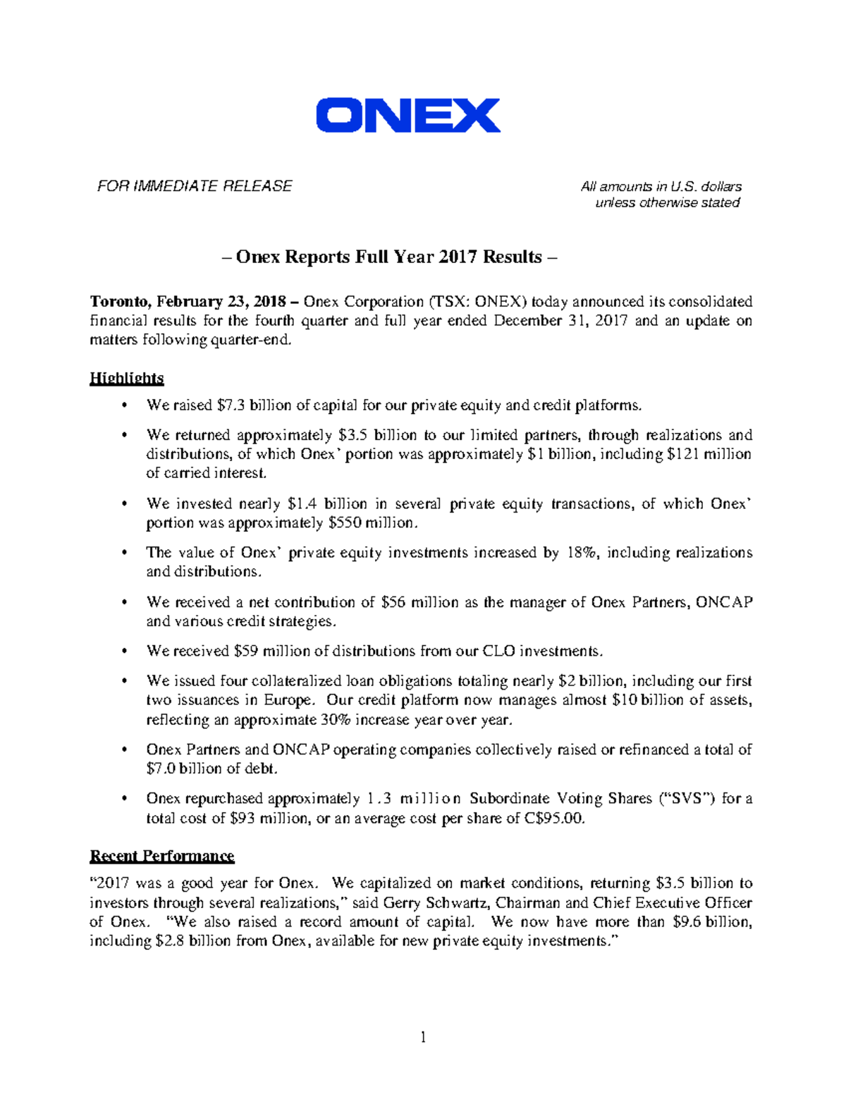 2017 Onex Corp. consolidated Financial statements - 1 FOR IMMEDIATE ...