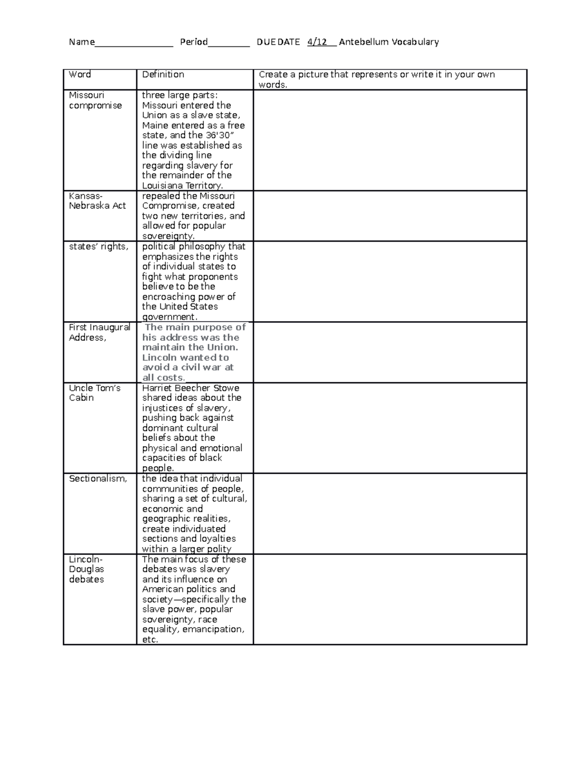 Vocab Squares Antebellum - Name_______________ Period________ DUE DATE ...