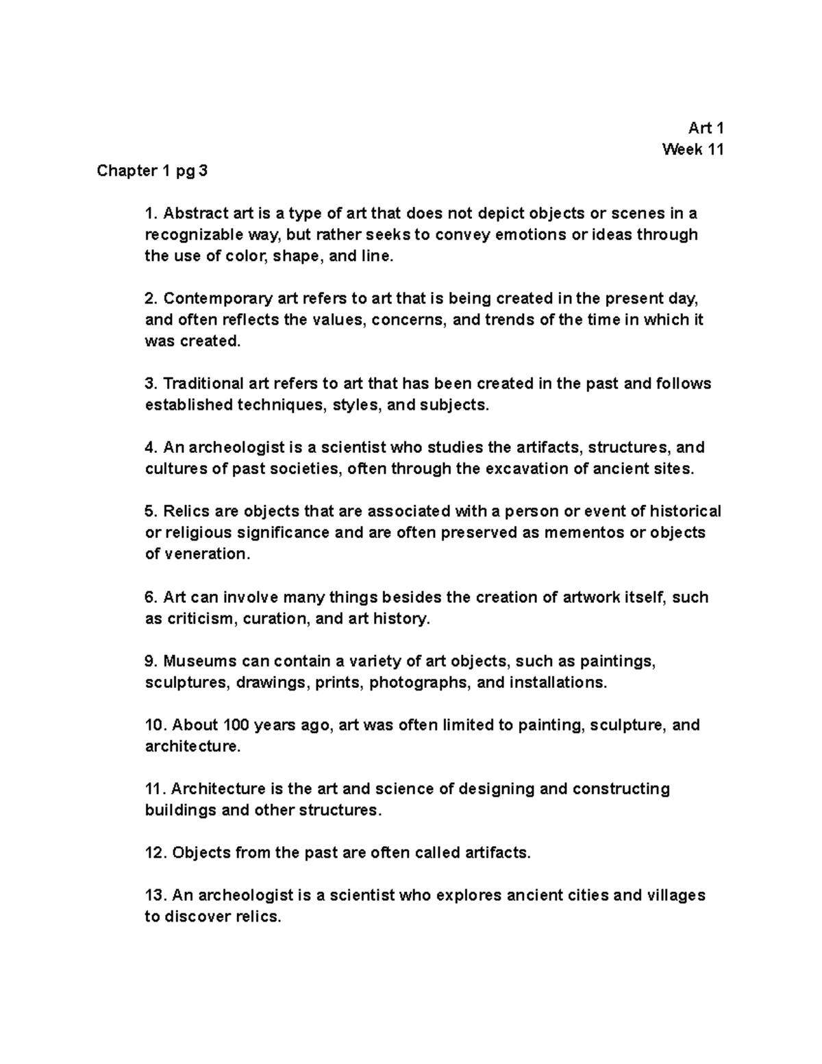 Art Study Guide 1 - lk - Art 1 Week 11 Chapter 1 pg 3 Abstract art is a type of art that does ...