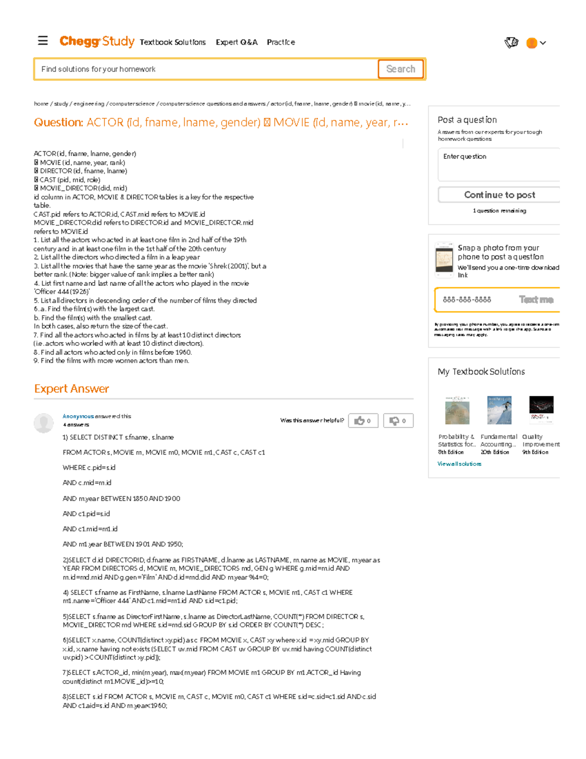 Actor (id, Fname, Lname, Gender) Movie (id, Name... Chegg - Was this ...