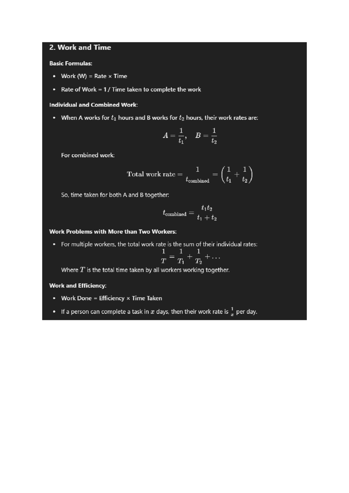 Formulas - 2. Work and Time Basic Formulas: Work (W) Rate x Time Rate ...