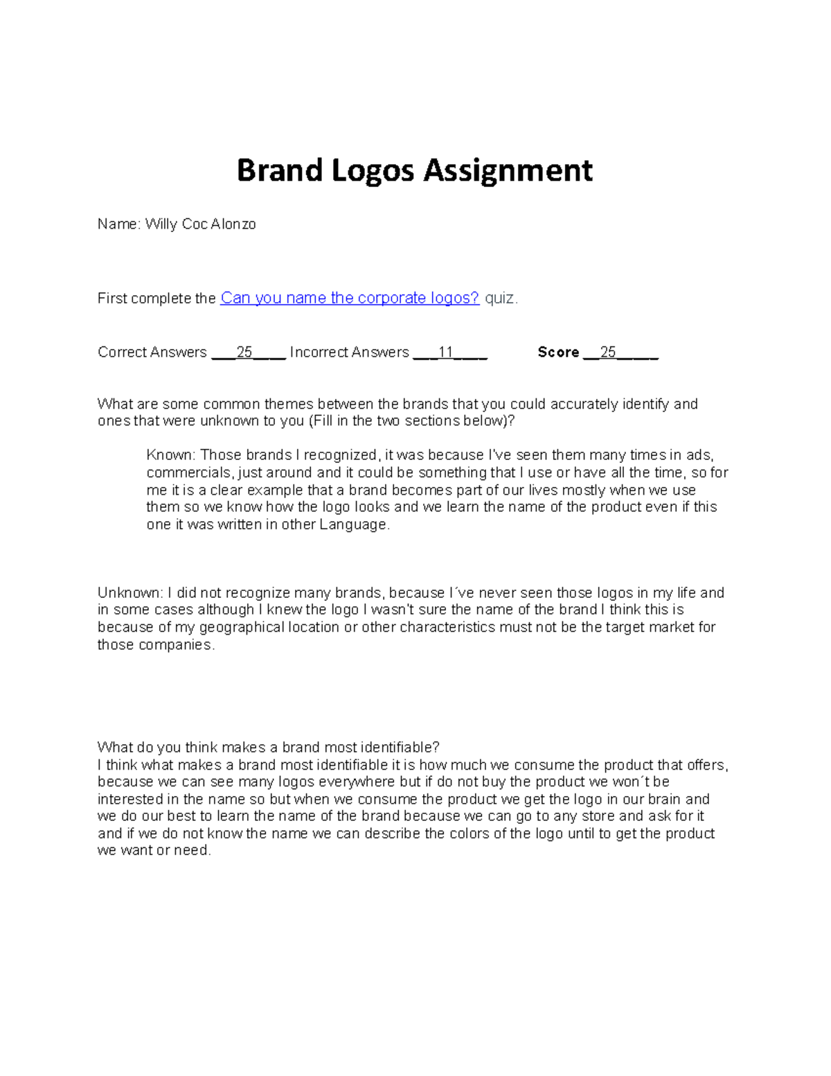 W04MKT241 Doc - Assignment - Brand Logos Assignment Name: Willy Coc ...