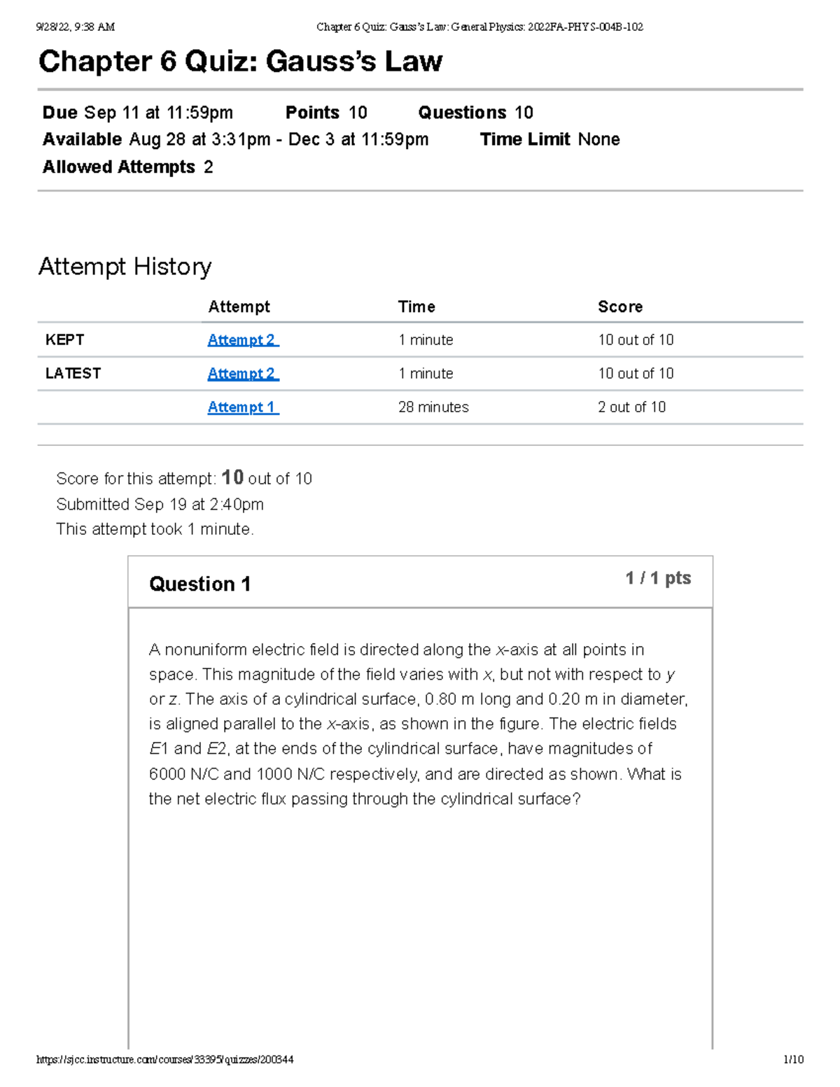Chapter 6 Quiz Gauss’s Law General Physics 2022FA-PHYS-004B-102 ...