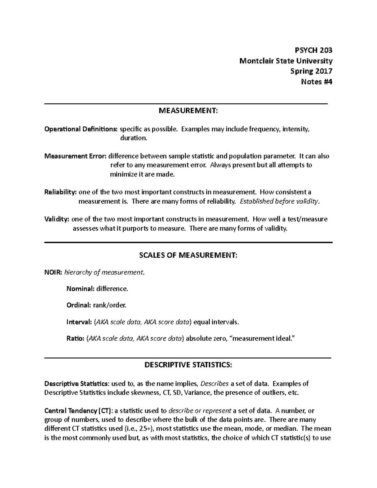Psych 203 Notes #4 - Professor Gregory Speth Measurement: Operational ...