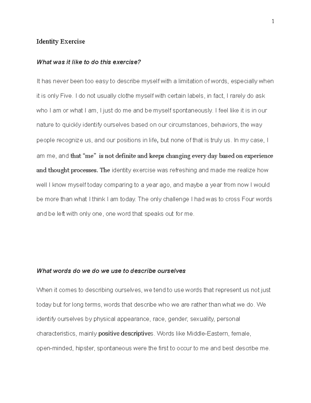 Identity Exercise about descriptive personal identity related to art ...