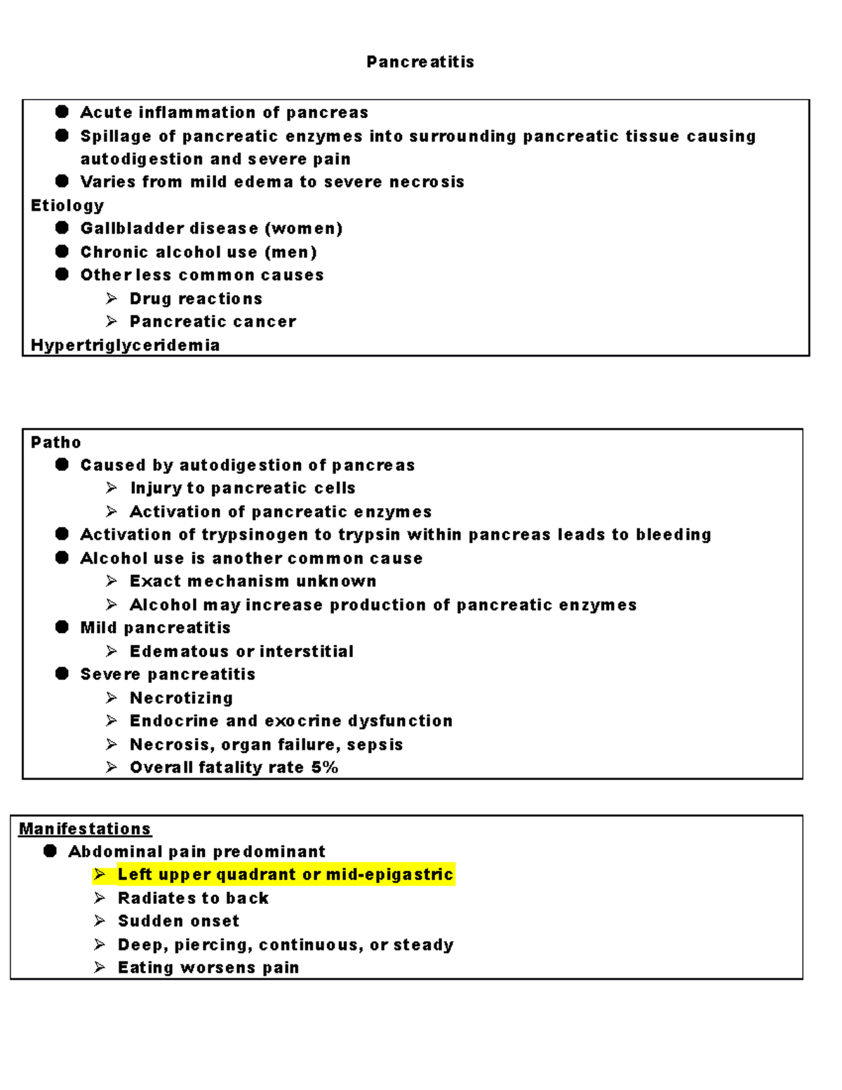 Pancreatitis, personal notes - Acute inflammation of pancreas Spillage ...