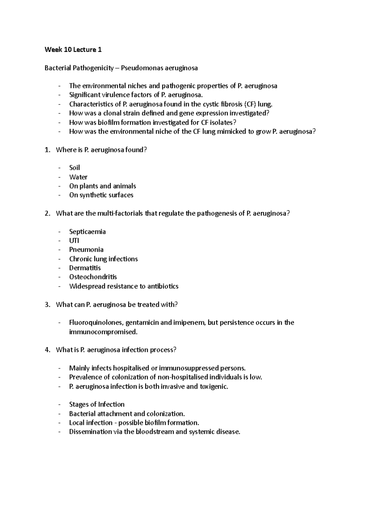 Week 10 Lecture 1 - Week 10 Lecture 1 Bacterial Pathogenicity – Pseudomonas aeruginosa The - Studocu