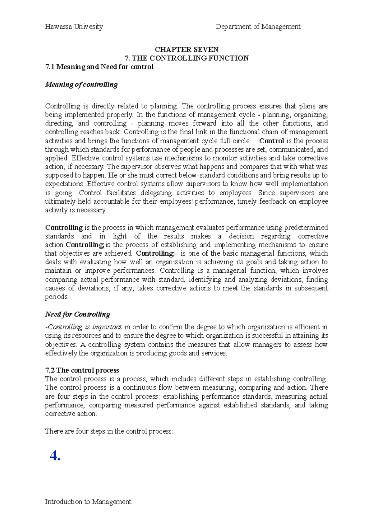 Chapter Seven Controlling Function - CHAPTER SEVEN 7. THE CONTROLLING FUNCTION 7 Meaning and ...