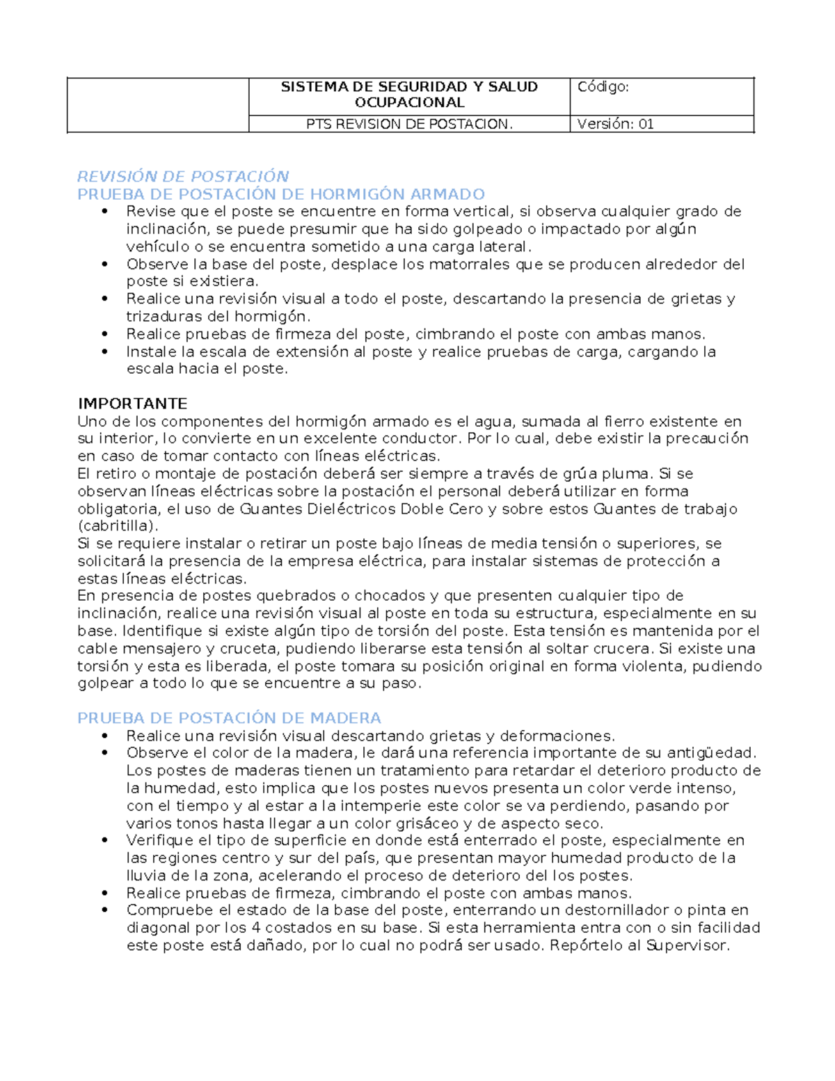 PTS - Revision de Postacion - SISTEMA DE SEGURIDAD Y SALUD OCUPACIONAL ...