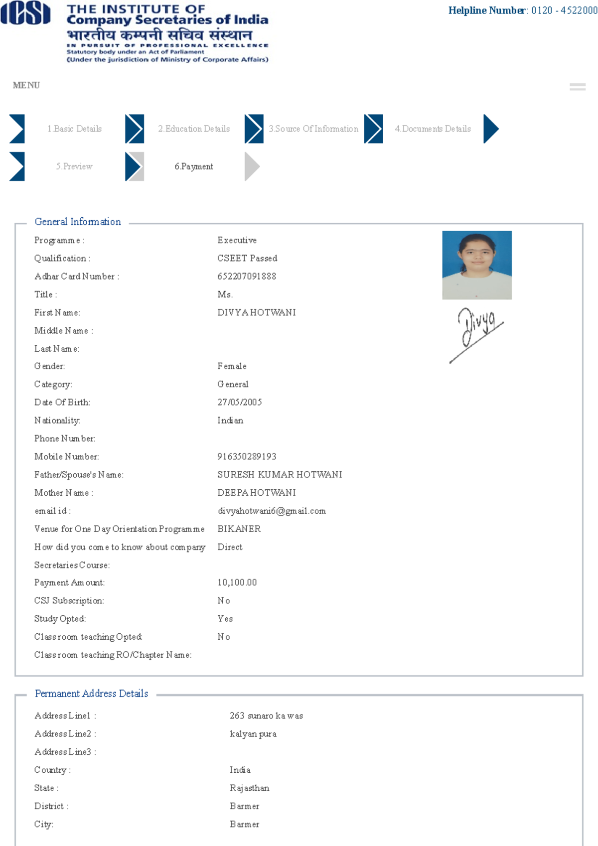 ICSI - Registration Application Preview - Programme : Executive ...